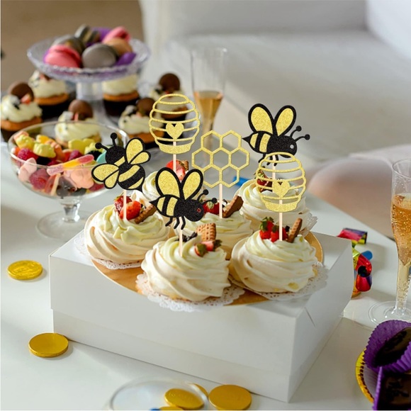 Party Supplies | 12pc Bumble Bee Cupcake Toppers Glitter Bee Honeycomb ...